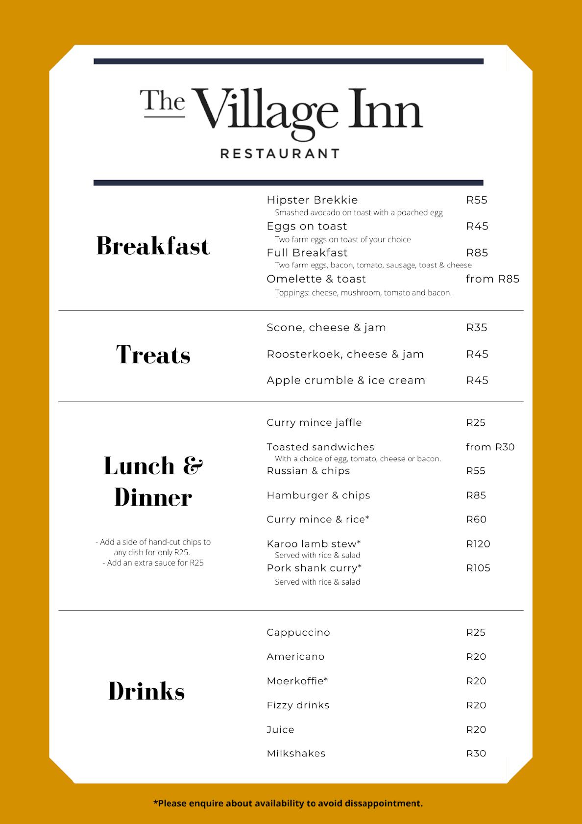 Speisekarte von The Village Inn restaurant, New Bethesda