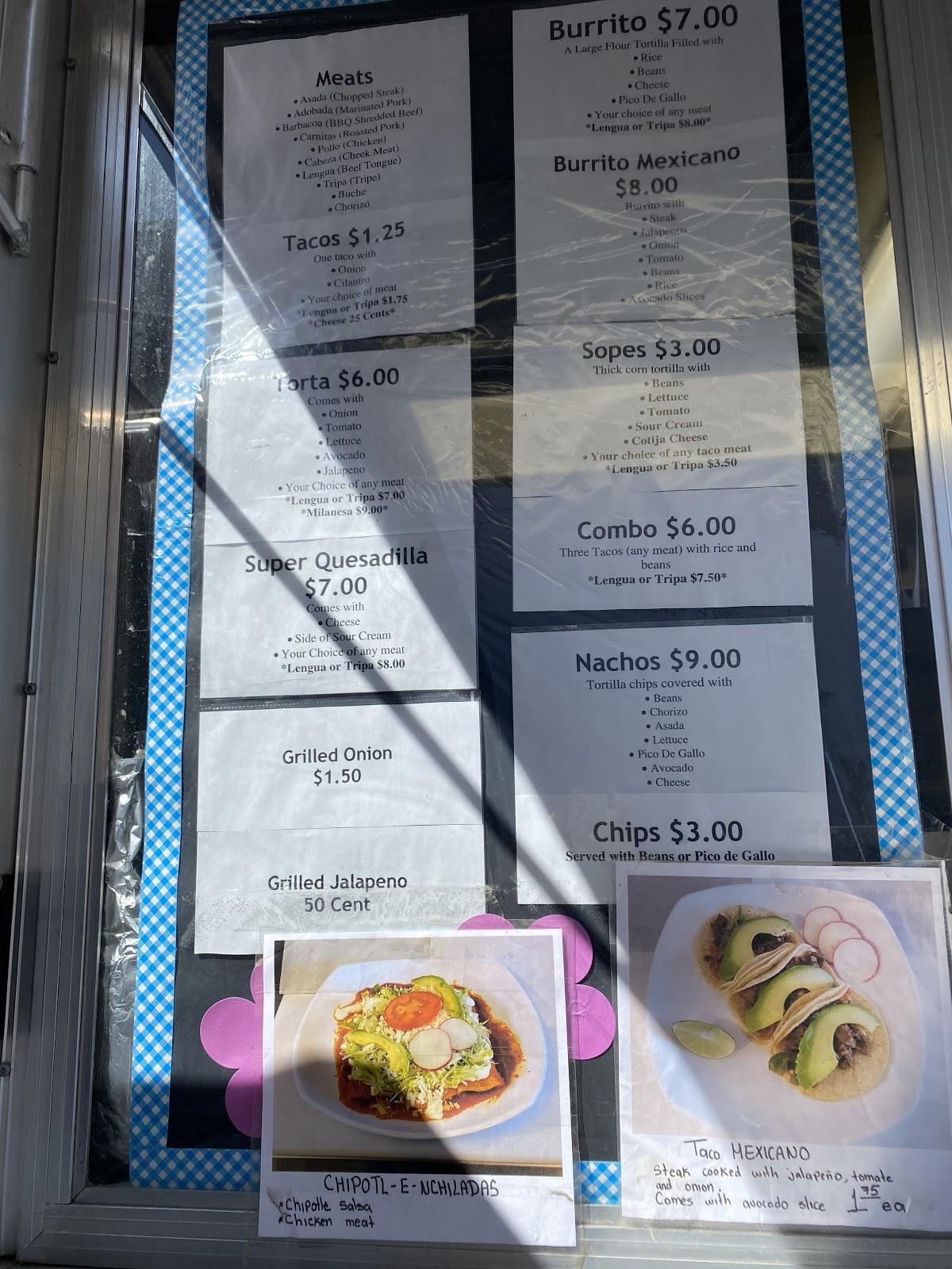 Menu at Victorias Tacos restaurant, Kuna