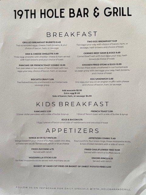 Menu at 19th Hole Bar & Grill, Needles
