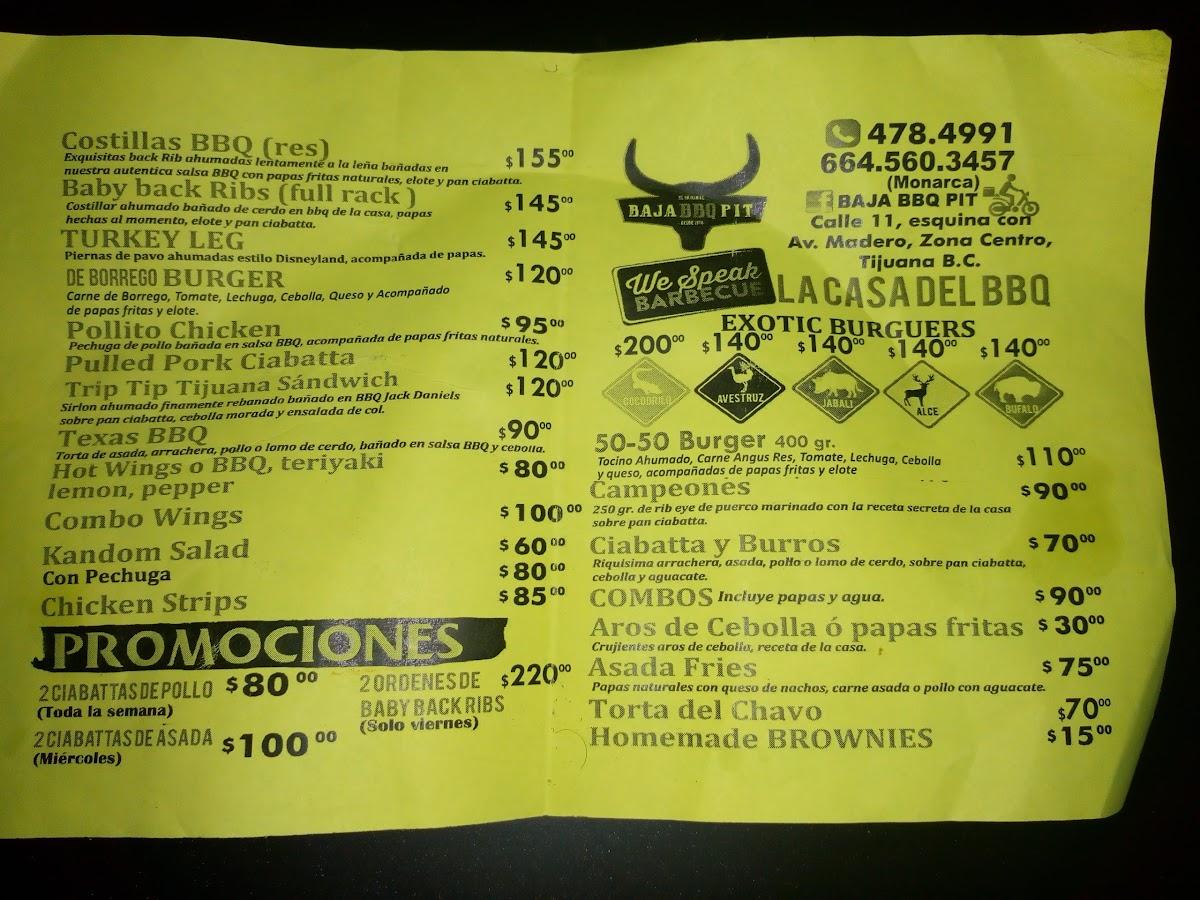 Menu at Baja BBQ Pit, Tijuana, 11 y o Plutarco Elías Calles 1984