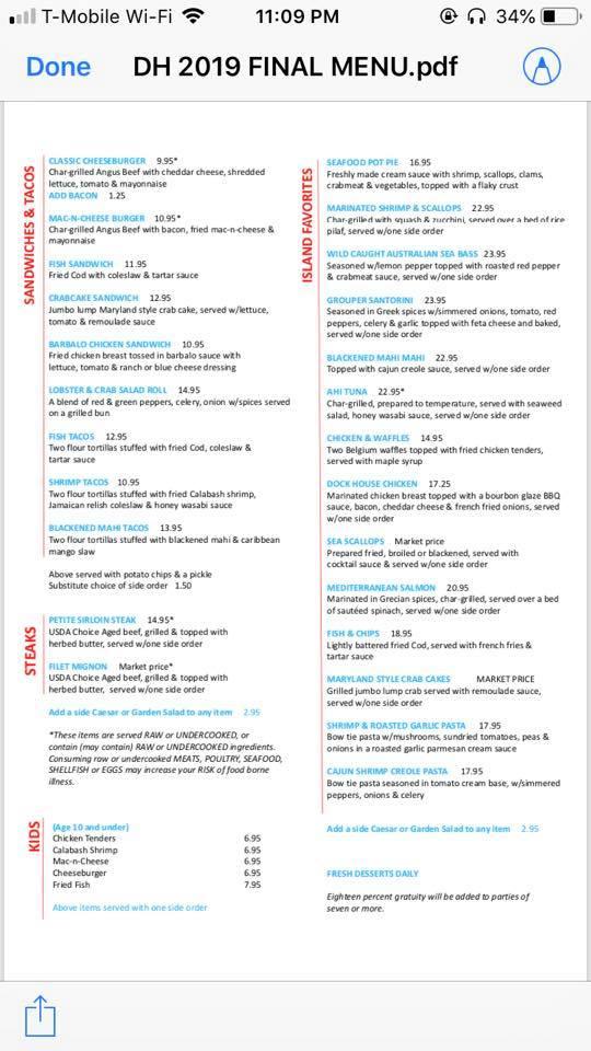 Menu at Dock House Seafood & More restaurant, Holden Beach