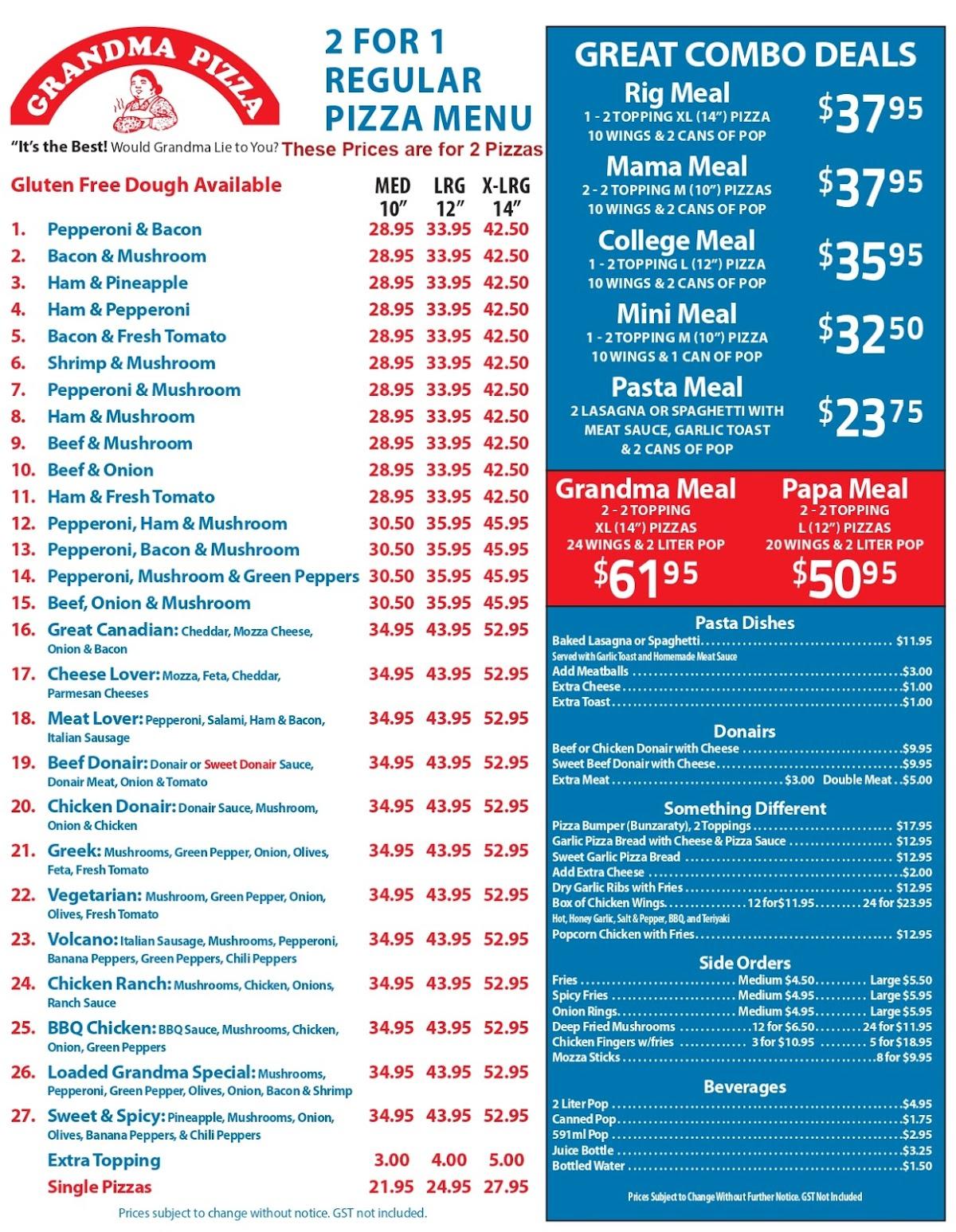 Menu at Grandma's Pizza restaurant, Fairview