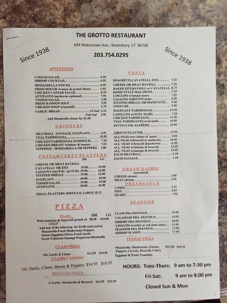 Menu at The Grotto Restaurant, Waterbury