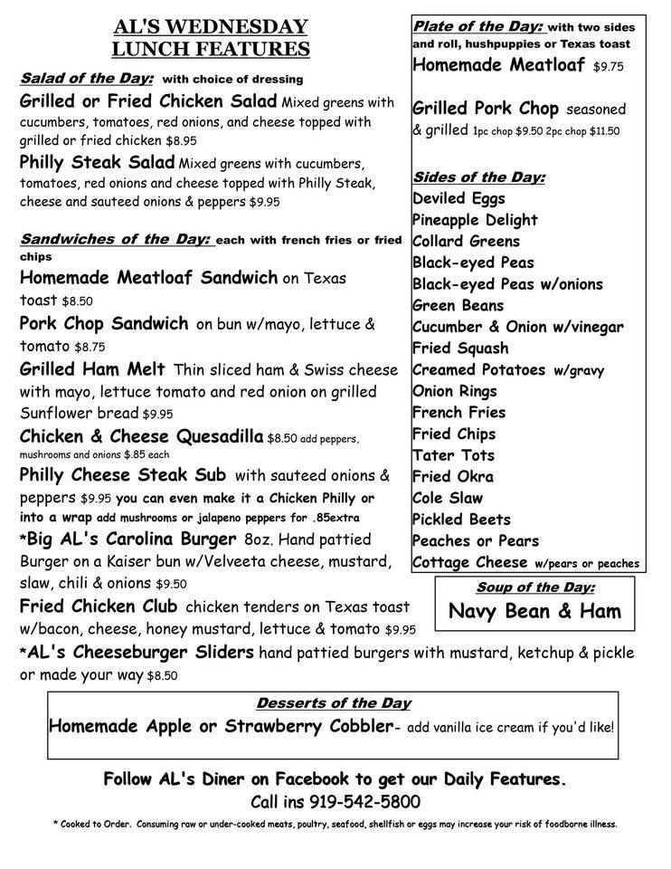 Menu at Al's Diner restaurant, Pittsboro