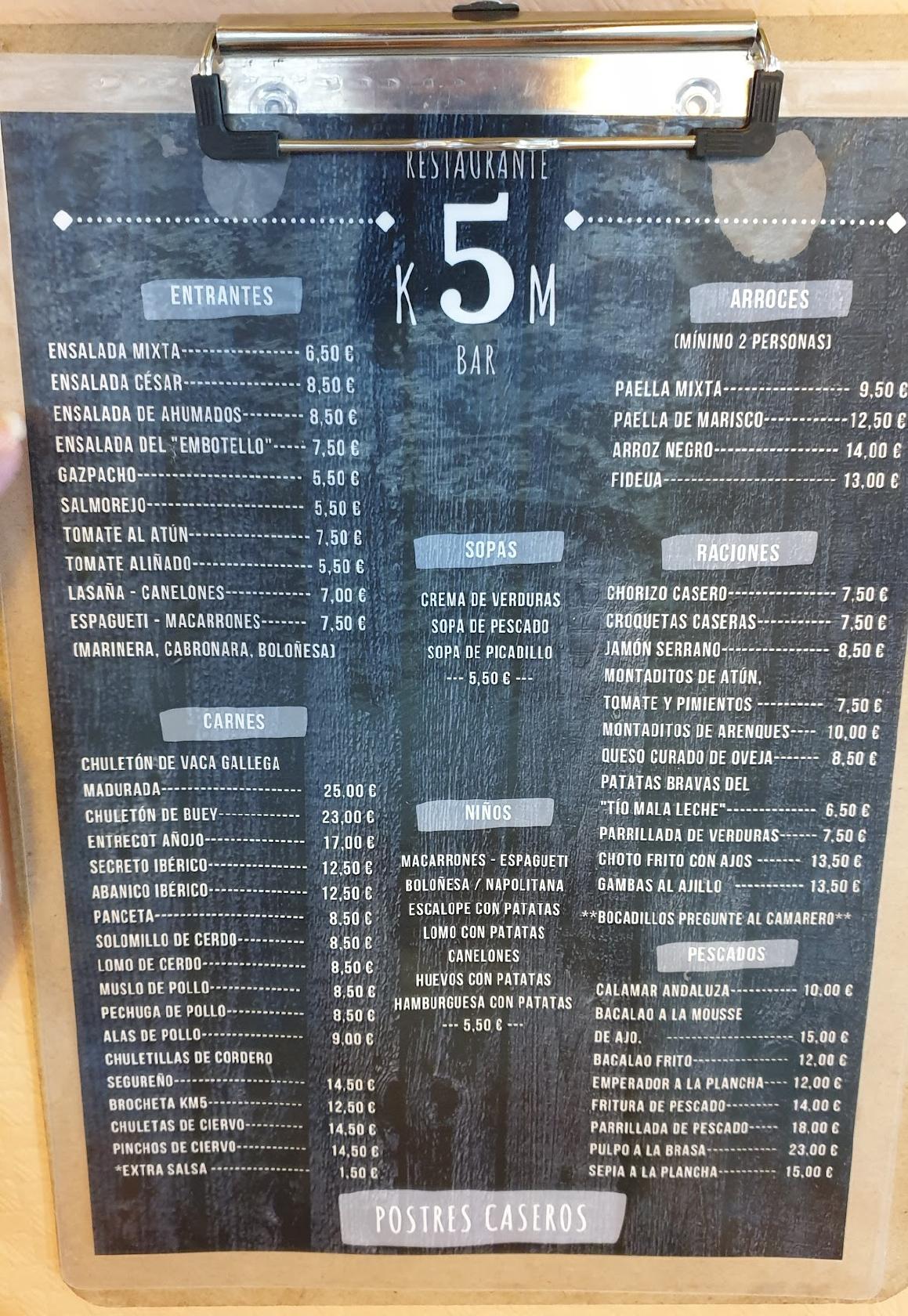 Carta de Restaurante Km5, Pozo Alcón, Avenida de La Bolera, Km. 5