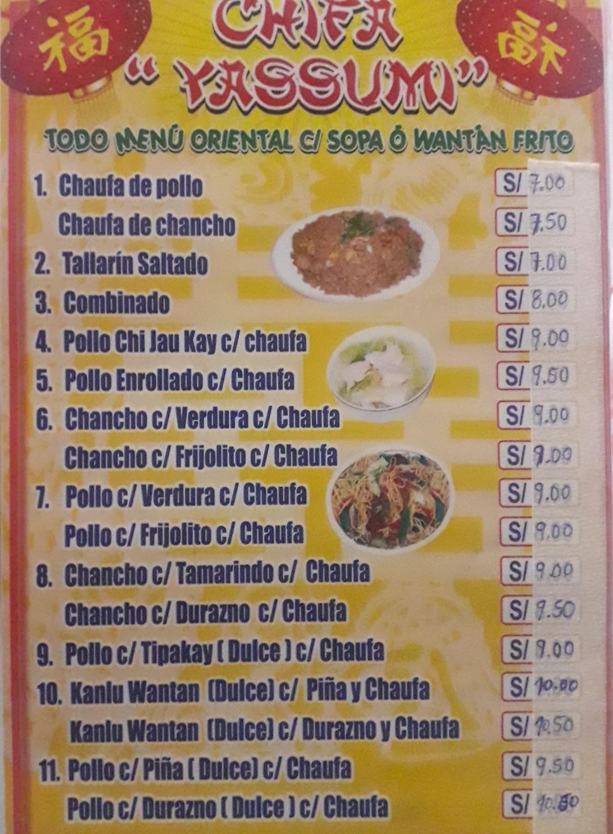 Menu at Chifa Yassumi restaurant, Chorrillos