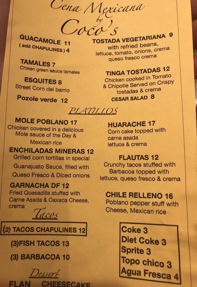 Menu at Coco’s Fire & Ice restaurant, Dallas
