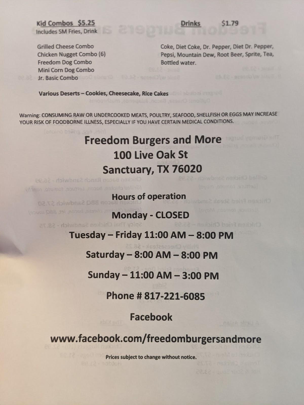 Menu at Freedom burgers & more restaurant, Sanctuary
