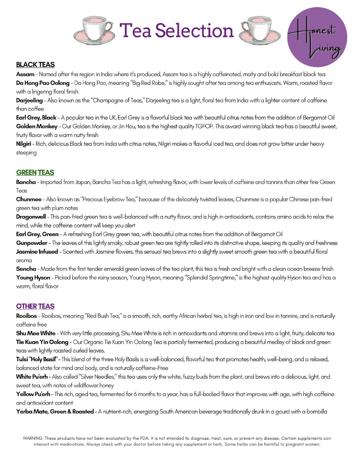 Menu at Honest Living Tea House, Tallahassee