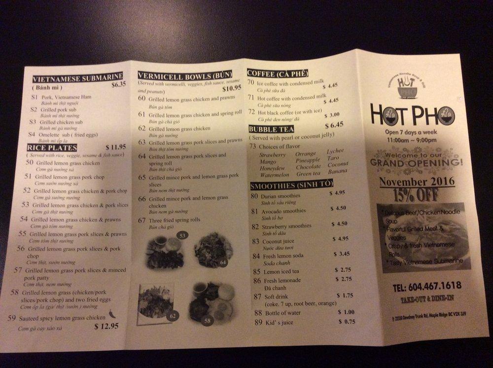 Menu at Hot Pho Restaurant, Maple Ridge