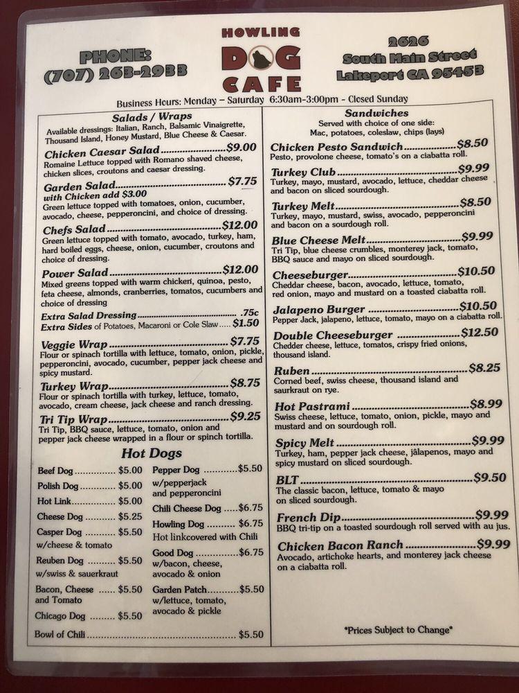 Menu at Howling Dog Cafe, Lakeport, S Main St
