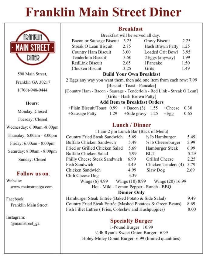 Menu at Main Street Diner restaurant, Franklin