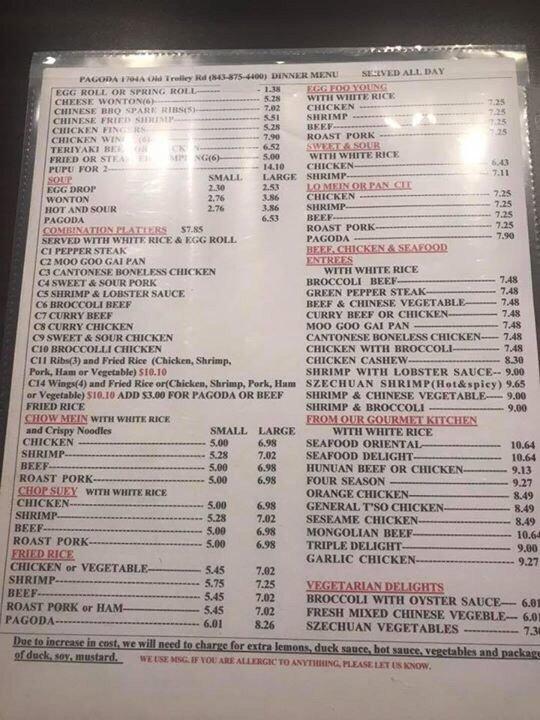 Menu at Pagoda restaurant, Summerville, Old Trolley Rd Ste A