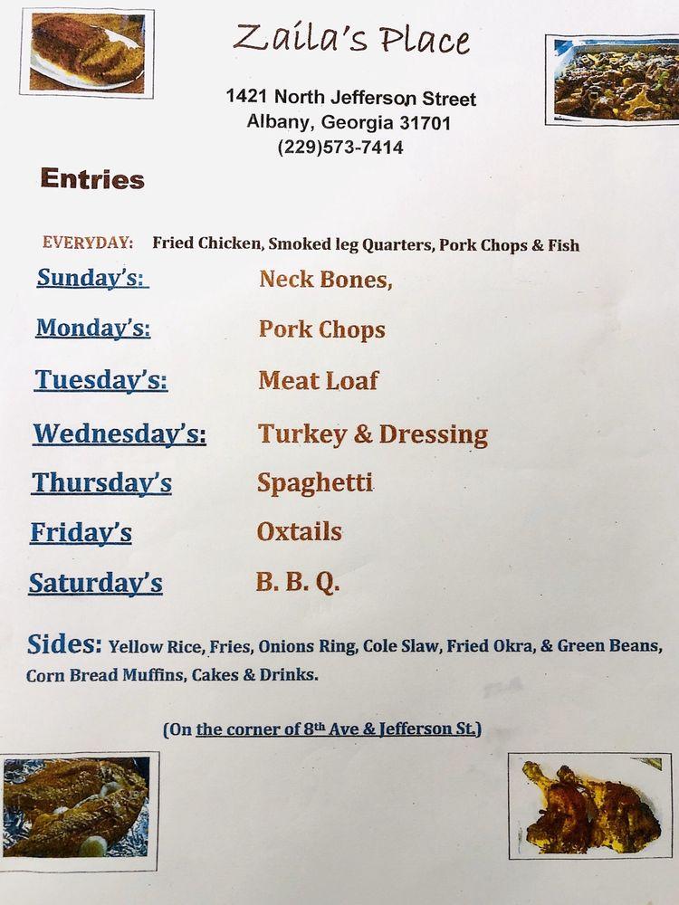 Menu at Zaila's Place restaurant, Albany, N Jefferson St