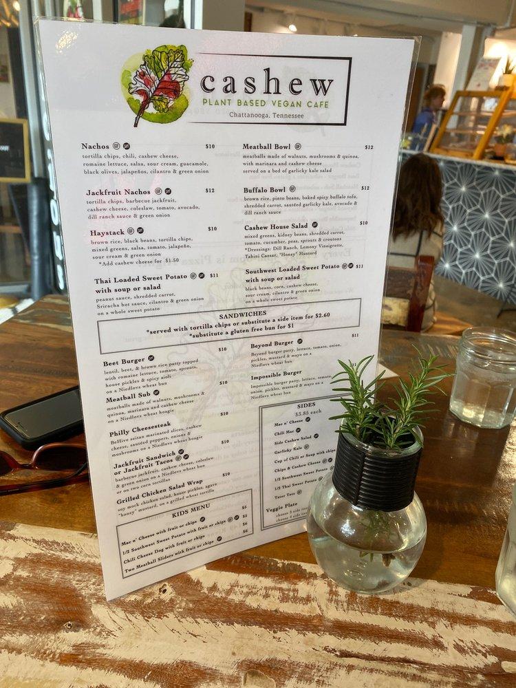 Menu at Cashew restaurant, Chattanooga, 149 River St