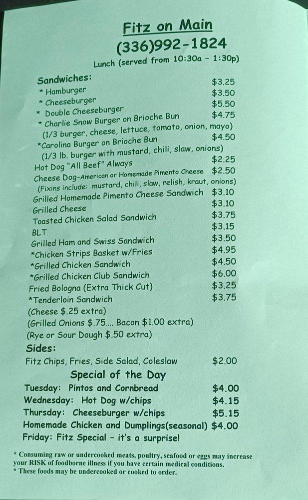 Menu at Fitz On Main restaurant, Kernersville