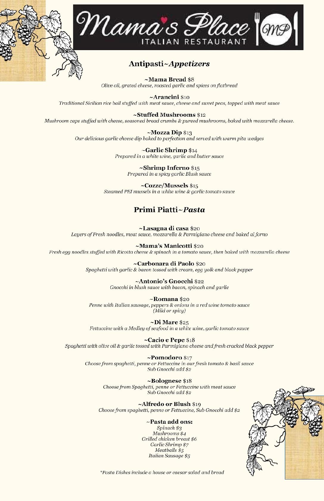 Menu at Mamas Place Italian Restaurant, Essex