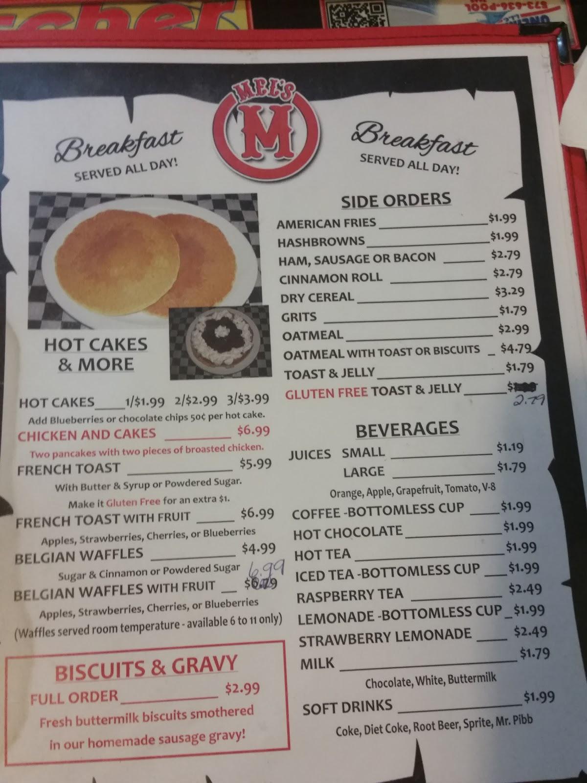 Menu at Mel's Cafe, Jefferson City