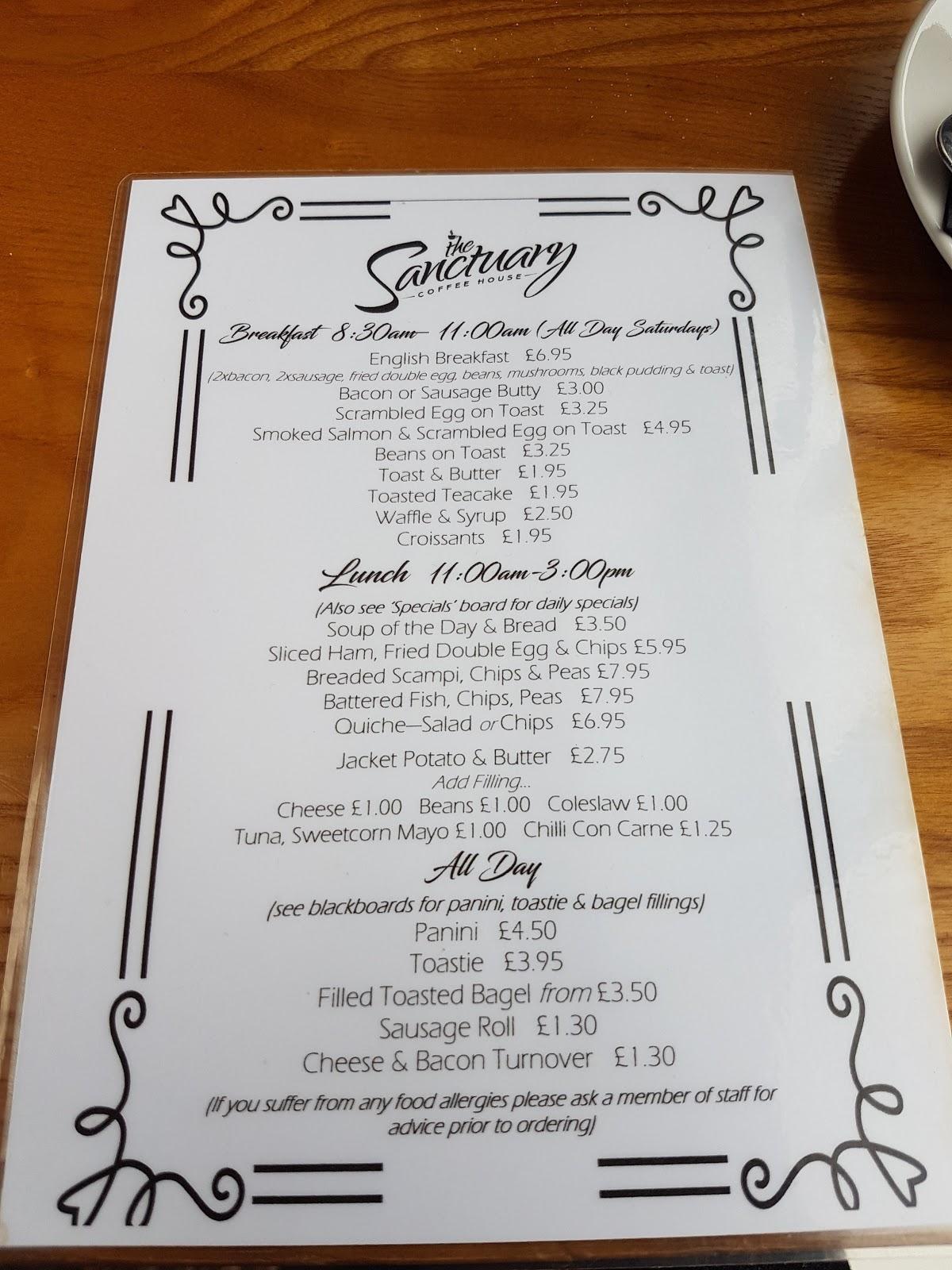 Menu at Sanctuary Coffee House, Nottingham