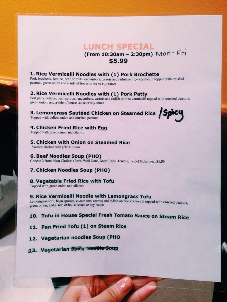 Menu at Bowl of Pho restaurant, Mishawaka