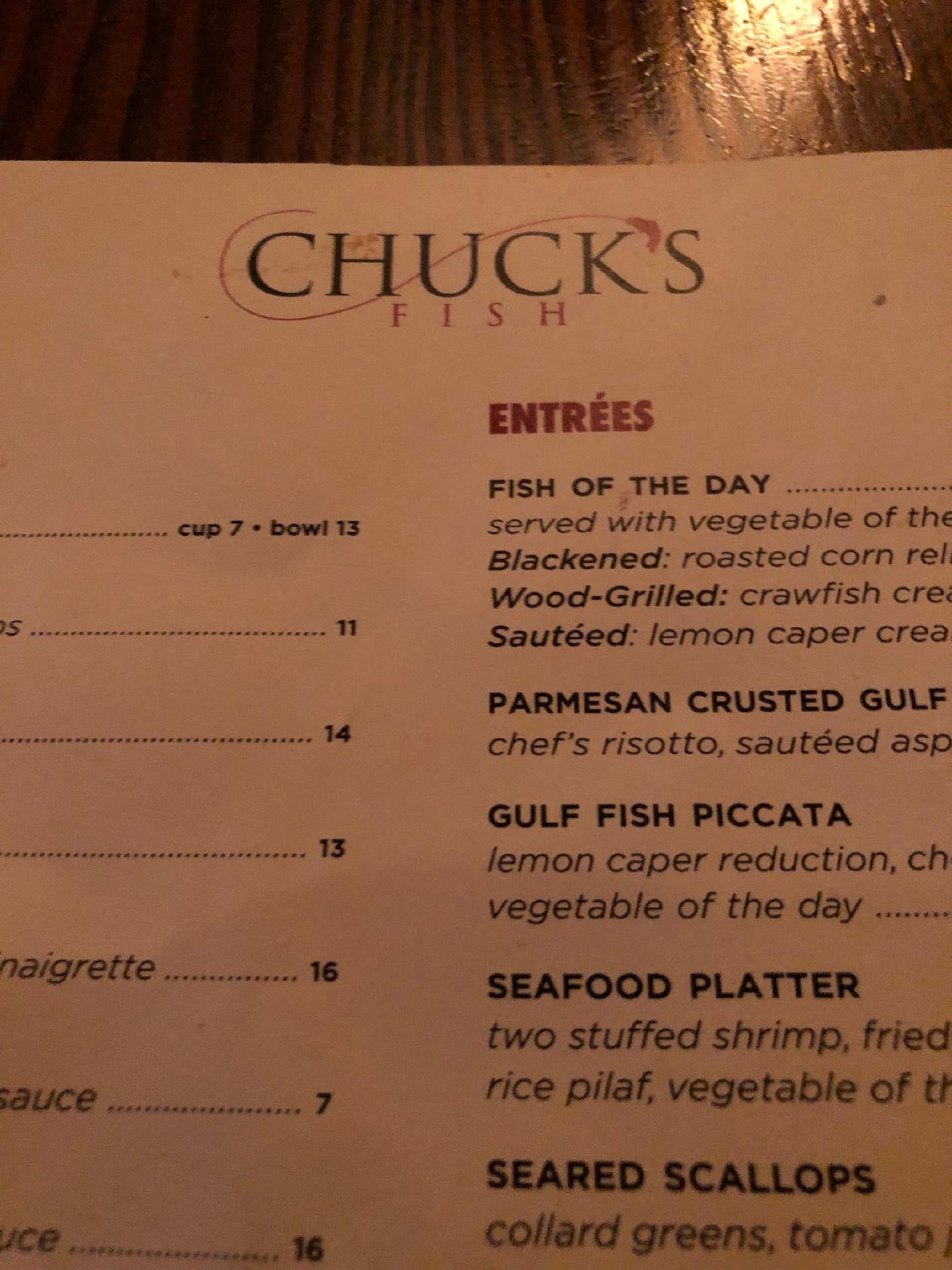 Menu at Chuck's Fish restaurant, Tuscaloosa