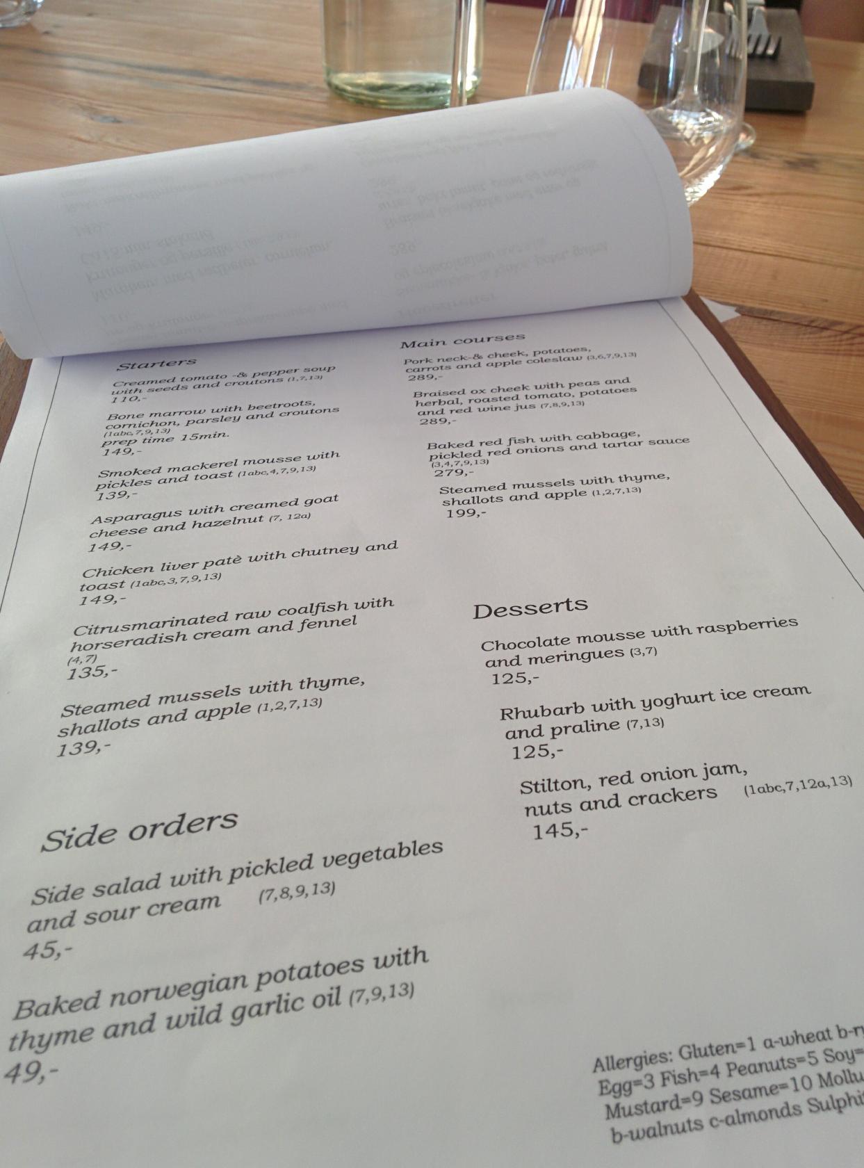 Menu at Marg & Bein restaurant, Bergen