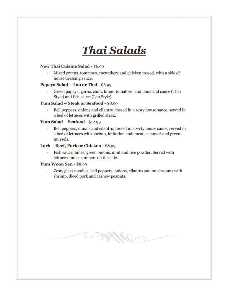 Menu at New Thai Cuisine restaurant, Merced, 909 W 16th St