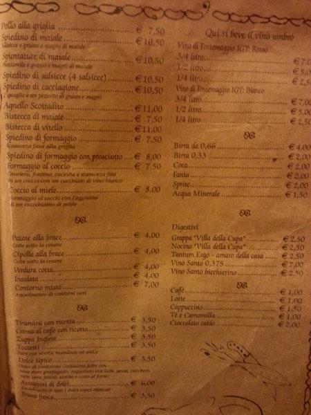 Menu at Ristorante La Stalla, Assisi