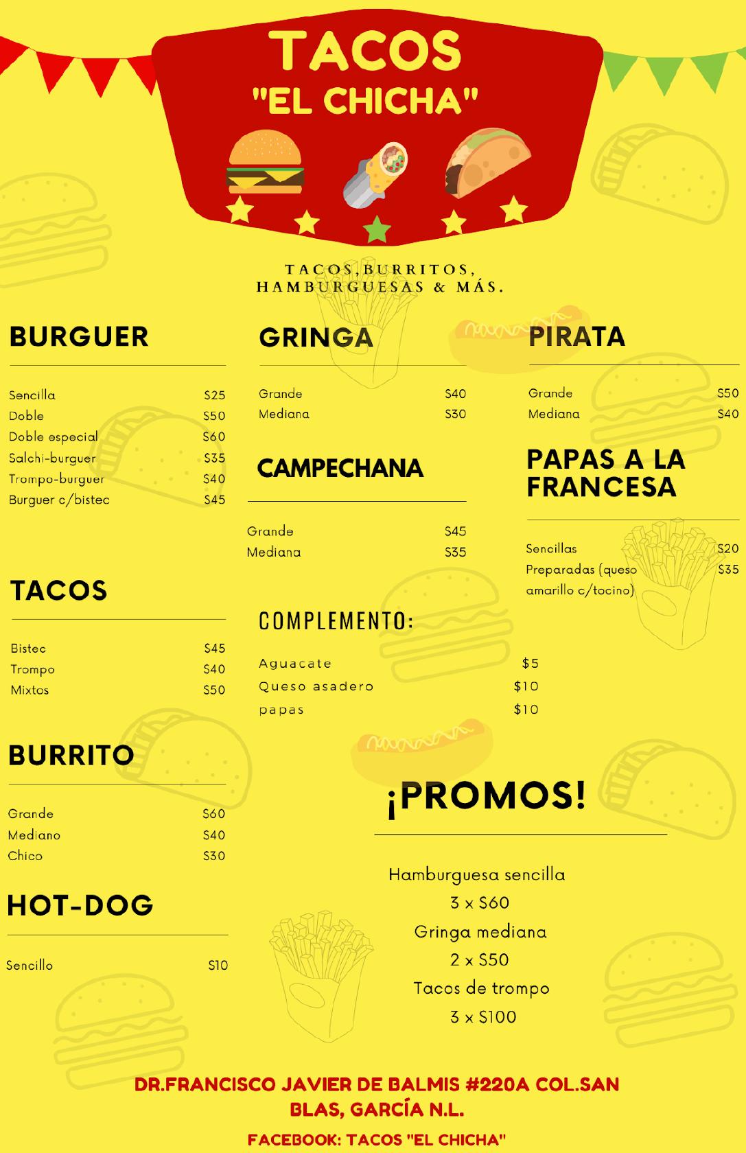 Menu at Tacos "El chicha" restaurant, García