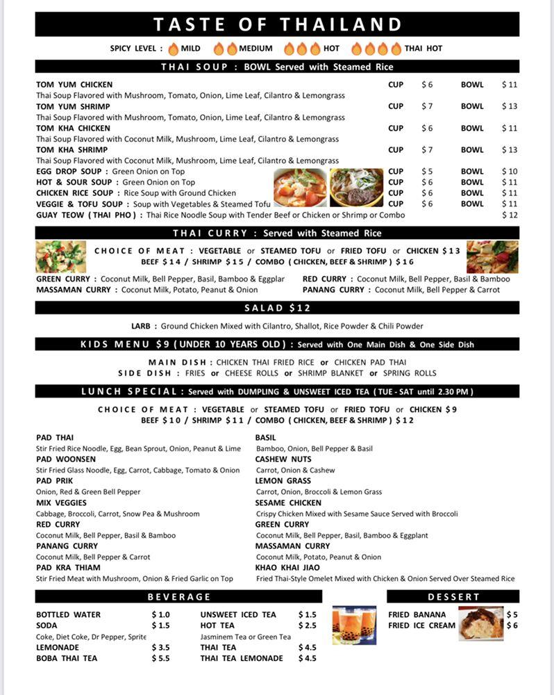 Menu at Taste Of Thailand Restaurant, San Antonio