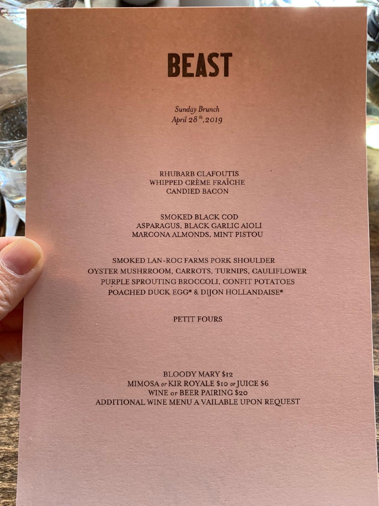 Menu at Beast restaurant, Portland