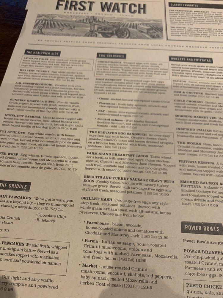 Menu at First Watch cafe, Pensacola