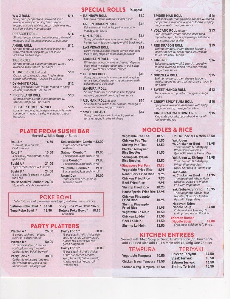 Menu at W & Z Asian Bistro & Sushi Bar, Prescott Valley