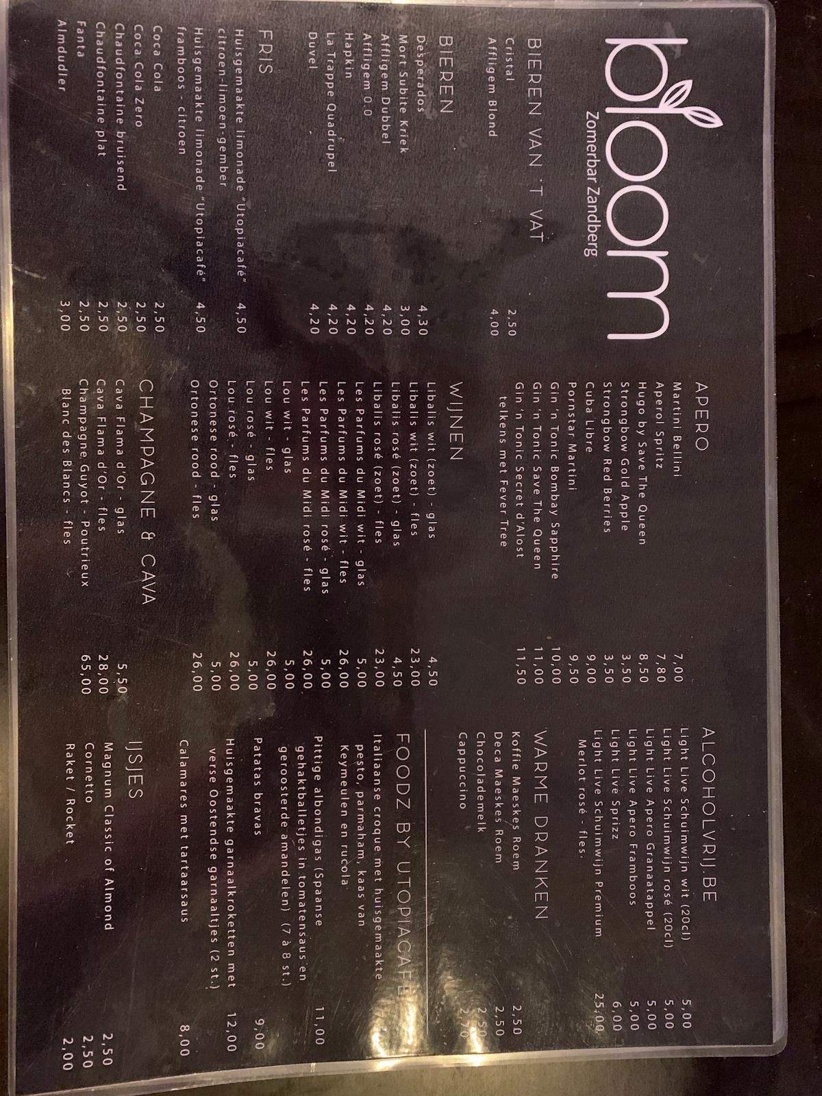 Speisekarte von Bloom Zomerbar, Aalst