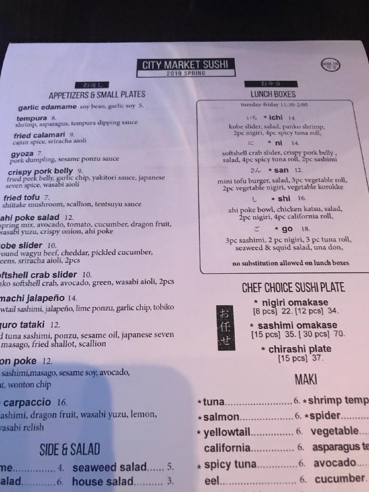 Menu at City Market Sushi restaurant, Raleigh