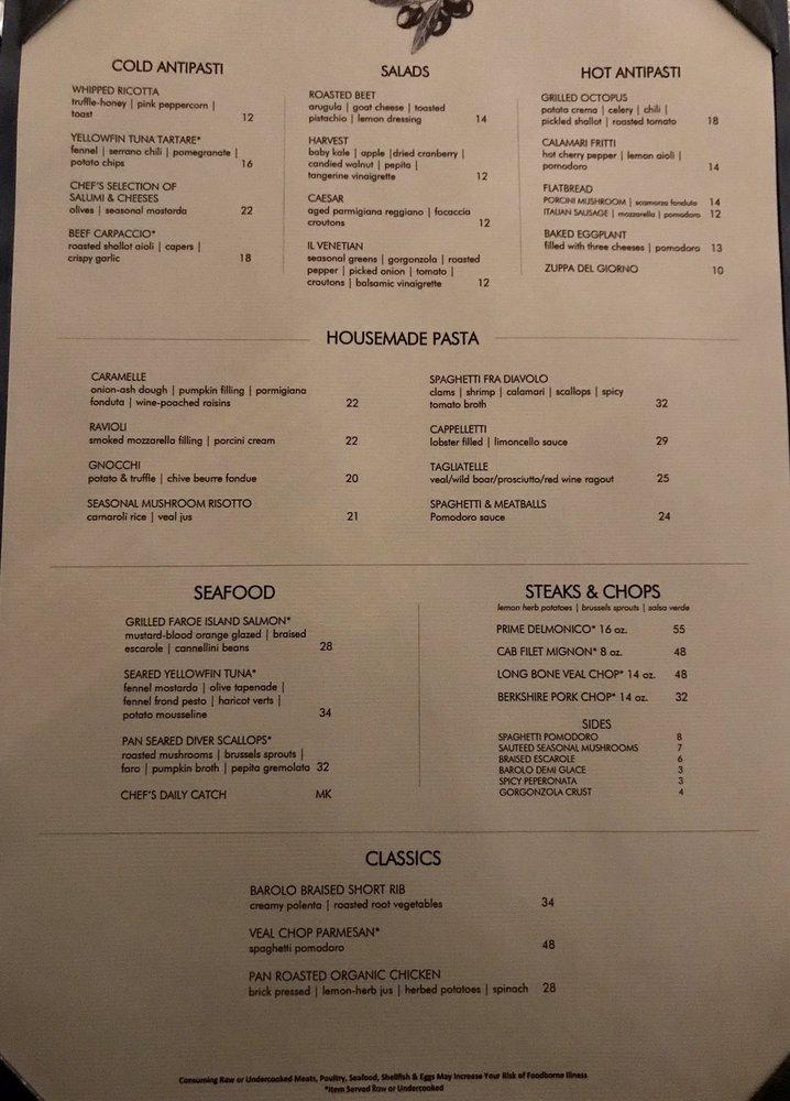 Menu at Il Venetian restaurant, Cleveland, 100 St Clair Ave NE