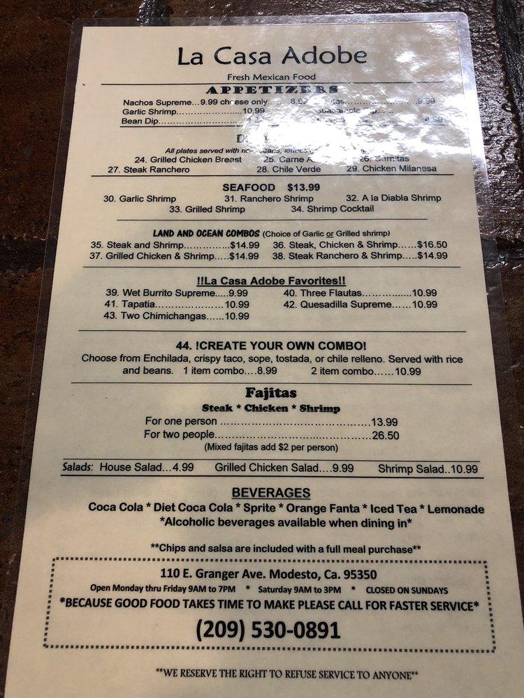 Menu at LA CASA ADOBE restaurant, Modesto