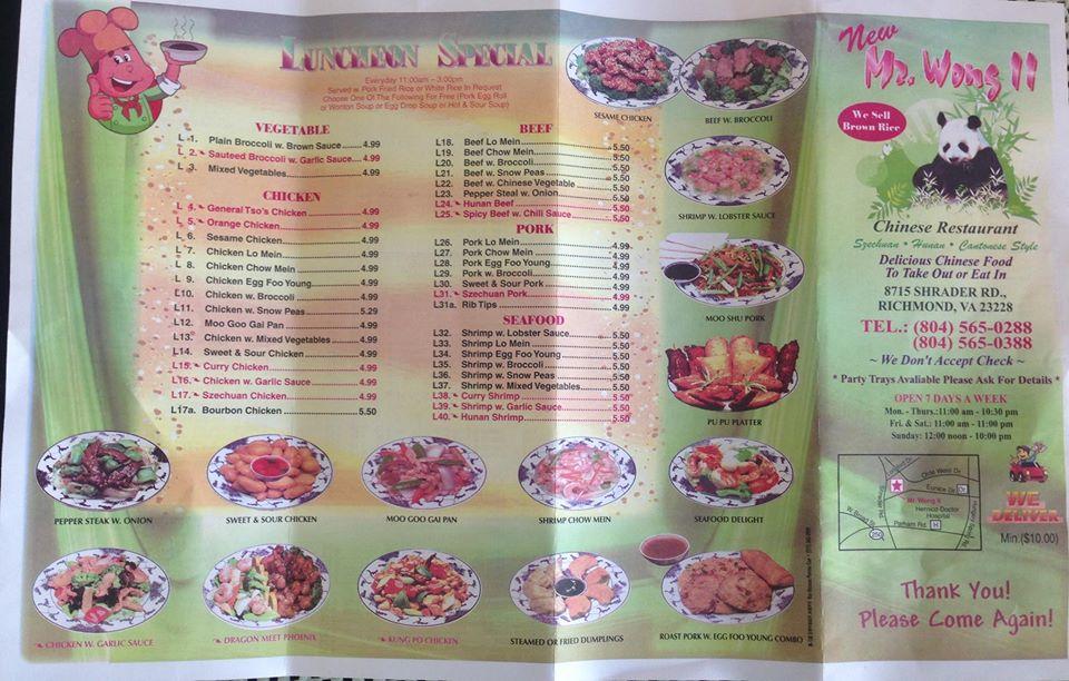 Menu at Mr Wong II restaurant, Laurel, Shrader Rd