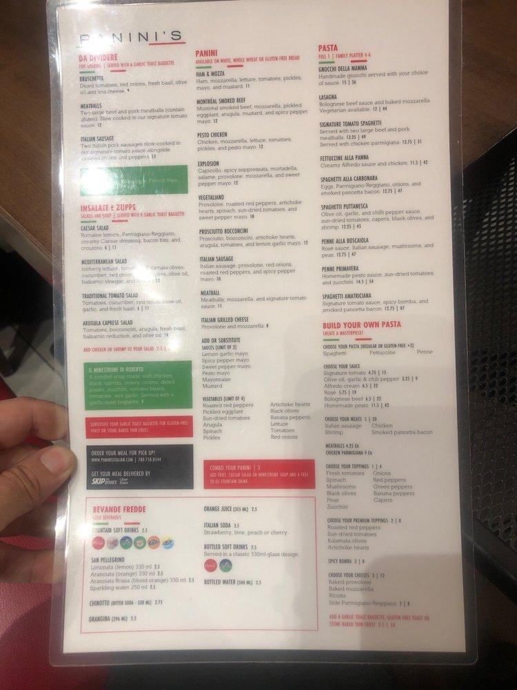 Menu at Panini's Italian Cucina cafe, Edmonton