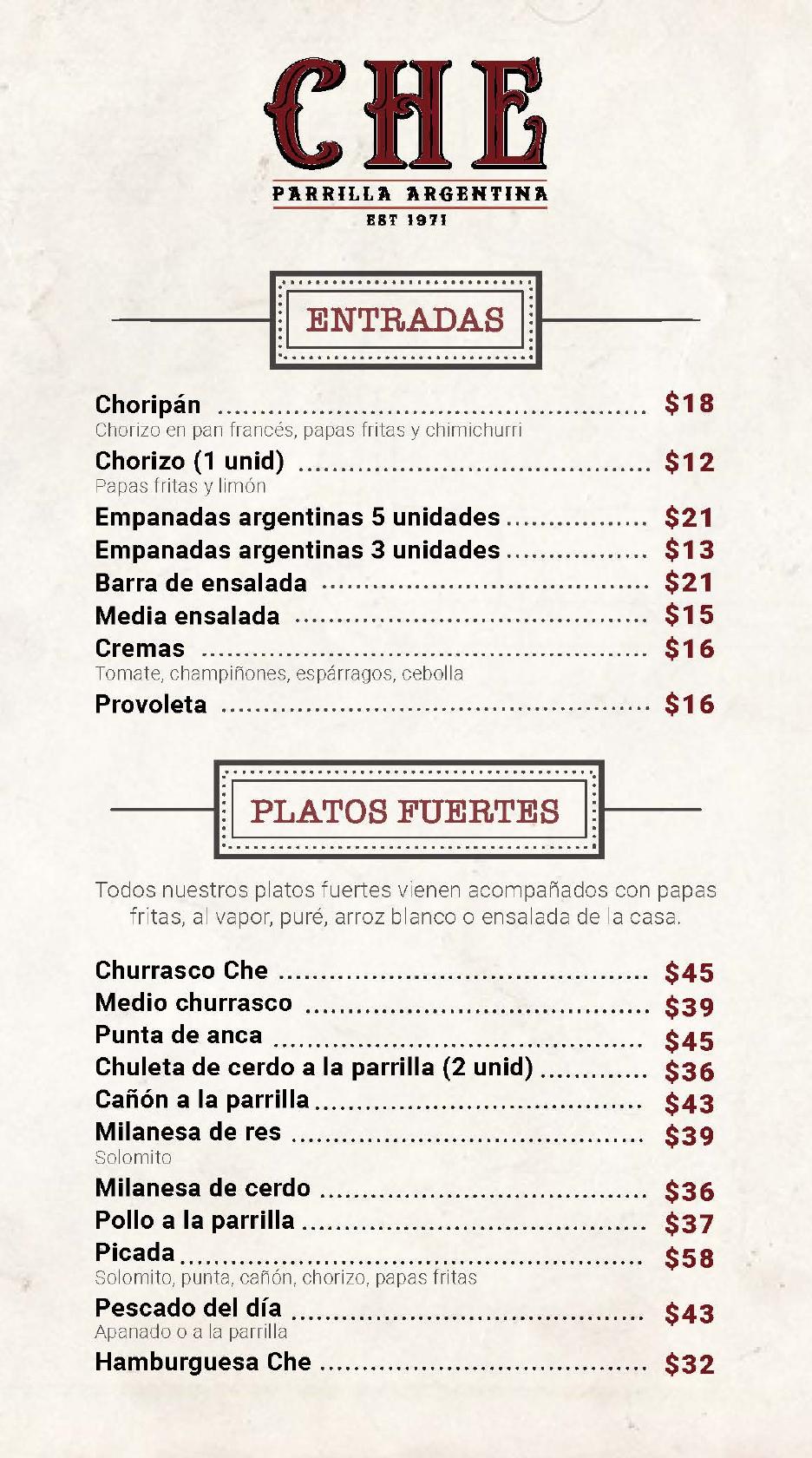 Carta de Restaurante Che, Medellín