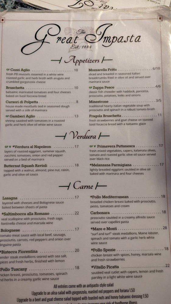 Menu at The Great Impasta restaurant, Brunswick, 42 Maine St