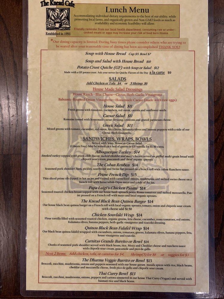 Menu at The Knead Café restaurant, Kalispell
