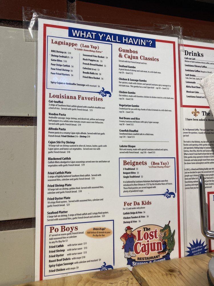 Menu at The Lost Cajun restaurant, Pagosa Springs