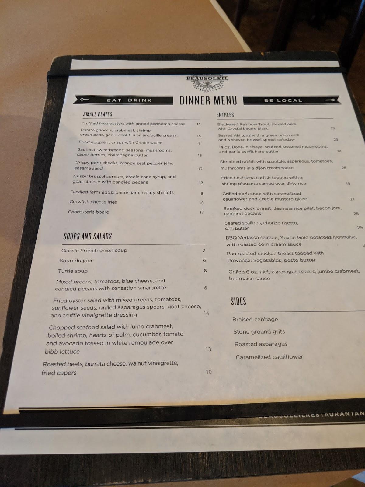Menu at Beausoleil Coastal Cuisine restaurant, Baton Rouge, Jefferson Hwy