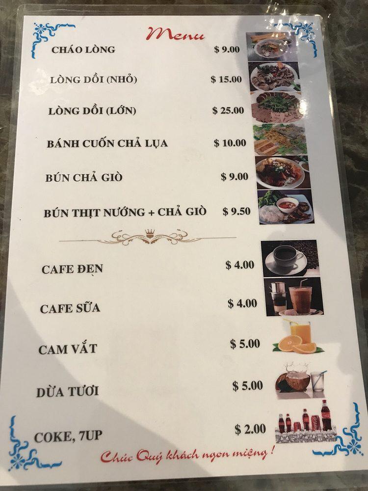 Menu at Cafe Dang Anh, Vancouver