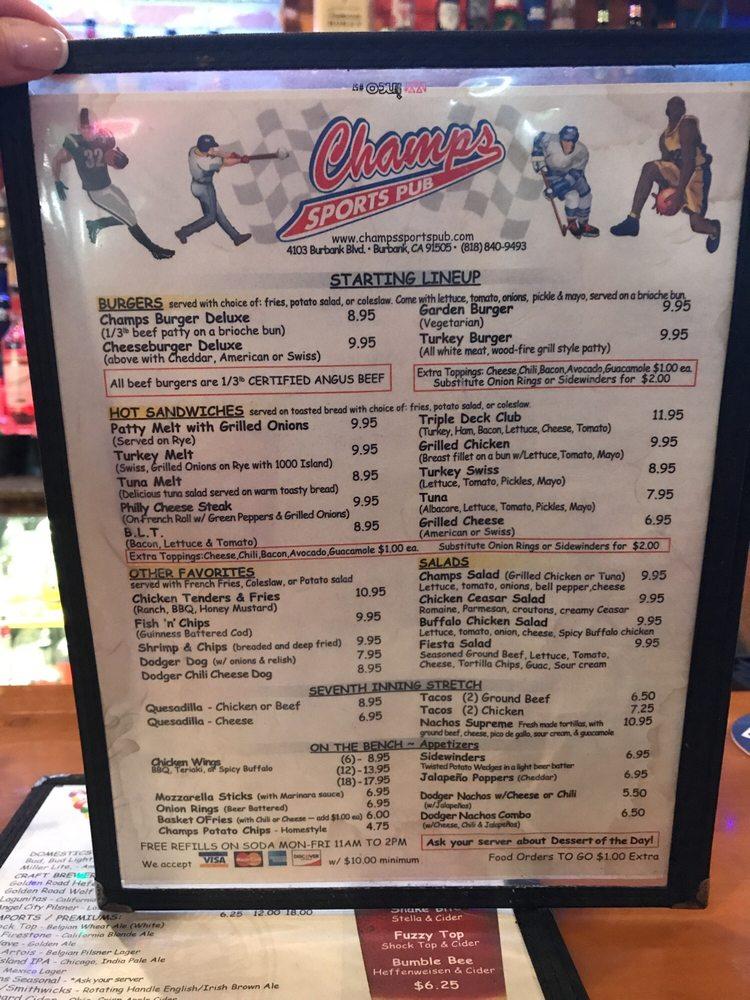 Menu at Champs Sports Pub, Burbank