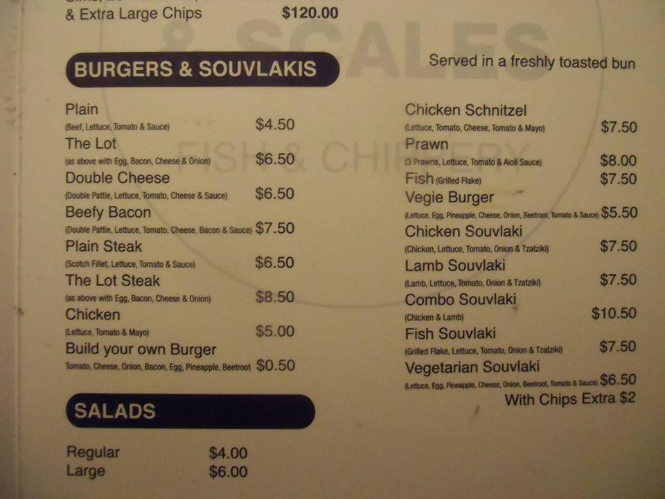 Menu at Fins & Scales fast food, Mount Eliza