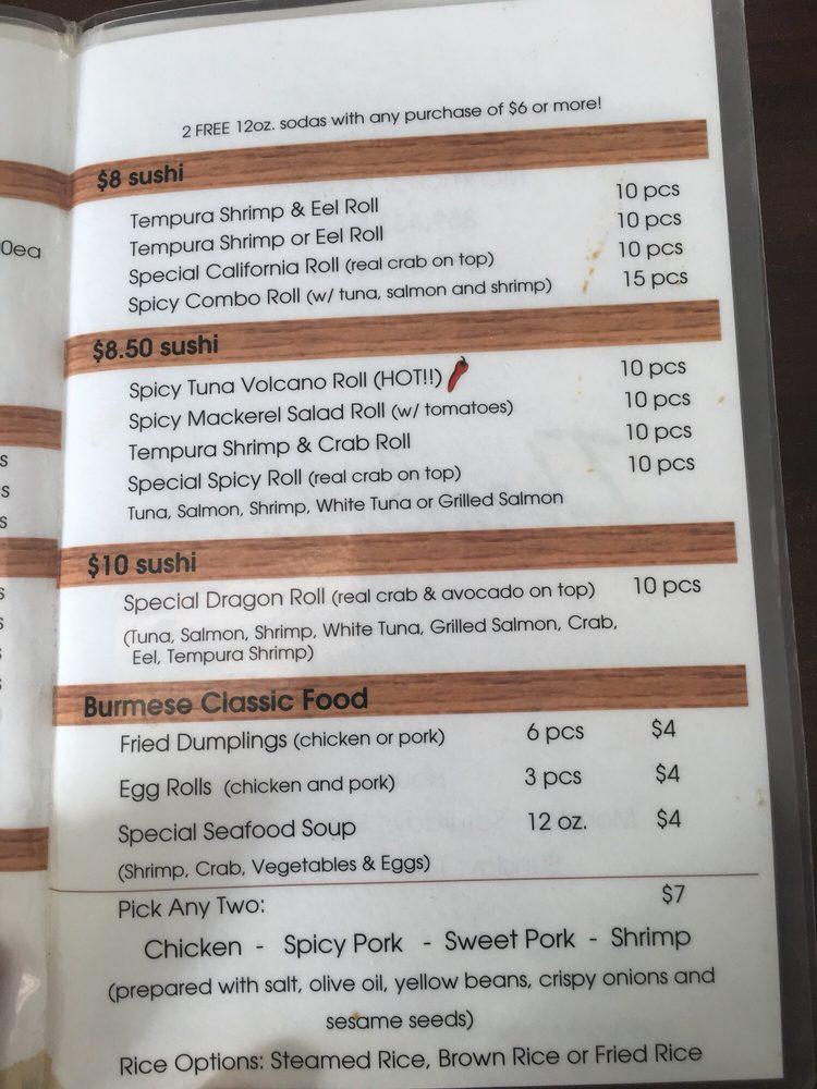 Menu at Khin's Sushi restaurant, Richmond