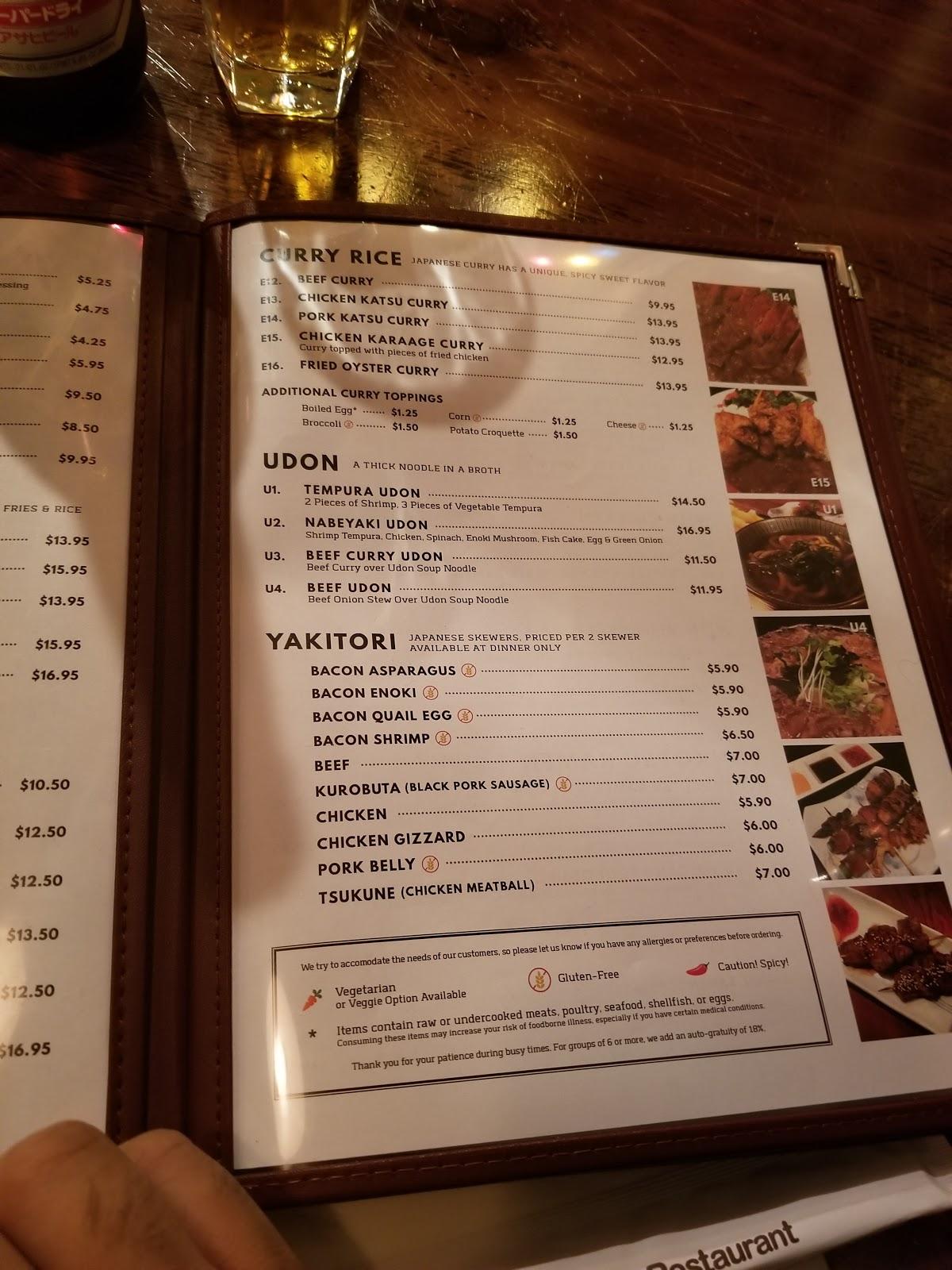 Menu at Muto Izakaya restaurant, Lynnwood
