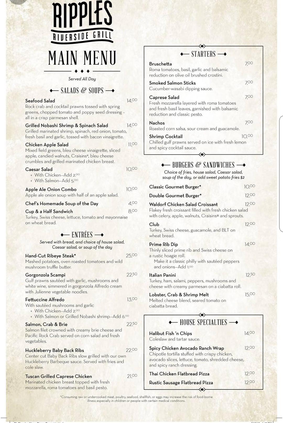 Menu at Ripples Riverside Bar And Grill, Richland